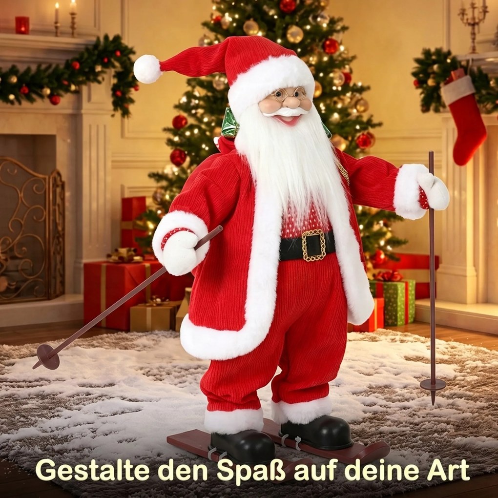 HOMCOM Zpívající lyžařský Santa Claus, 66 cm, stojící animovaná vánoční postava se lyžemi, pytlem s dárky a aktivací zvukem / dotykem
