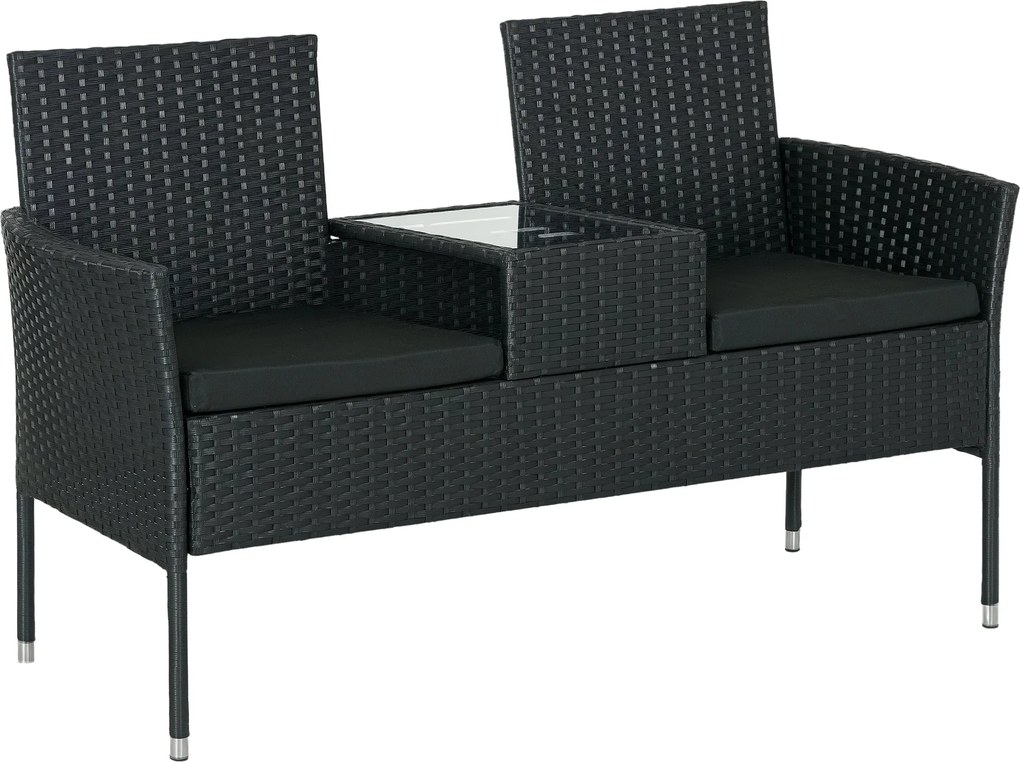Outsunny zahradní lavička pro 2 osoby s centrálním stolkem, ratanový loveseat, ocel a polyester, 137x59x82 cm, černý | Aosom