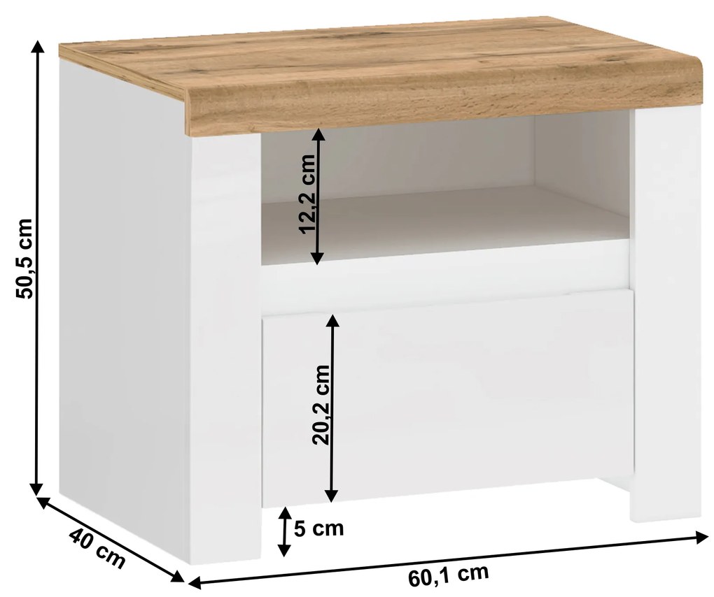 Kondela Noční stolek 1S, bílý lesk/dub wotan, VILGO