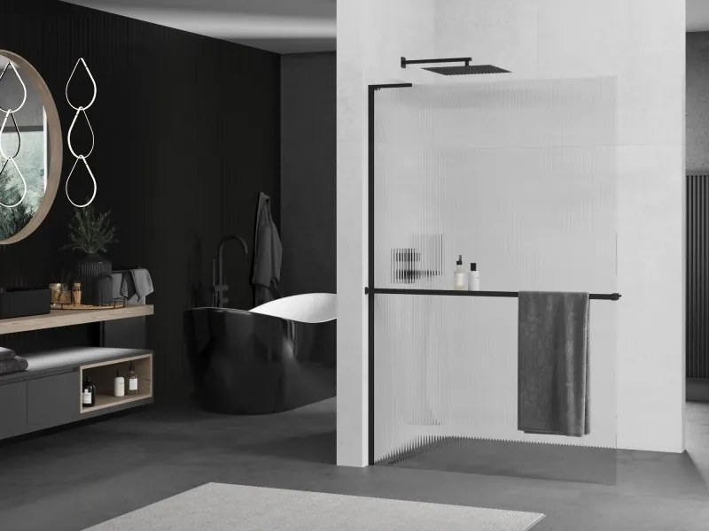 Mexen Kioto+ L, sprchová zástěna Walk-In s poličkou a věšákem 110 x 200 cm, 8mm sklo s žebrovým vzorem, černý profil, 800-110-123-70-09