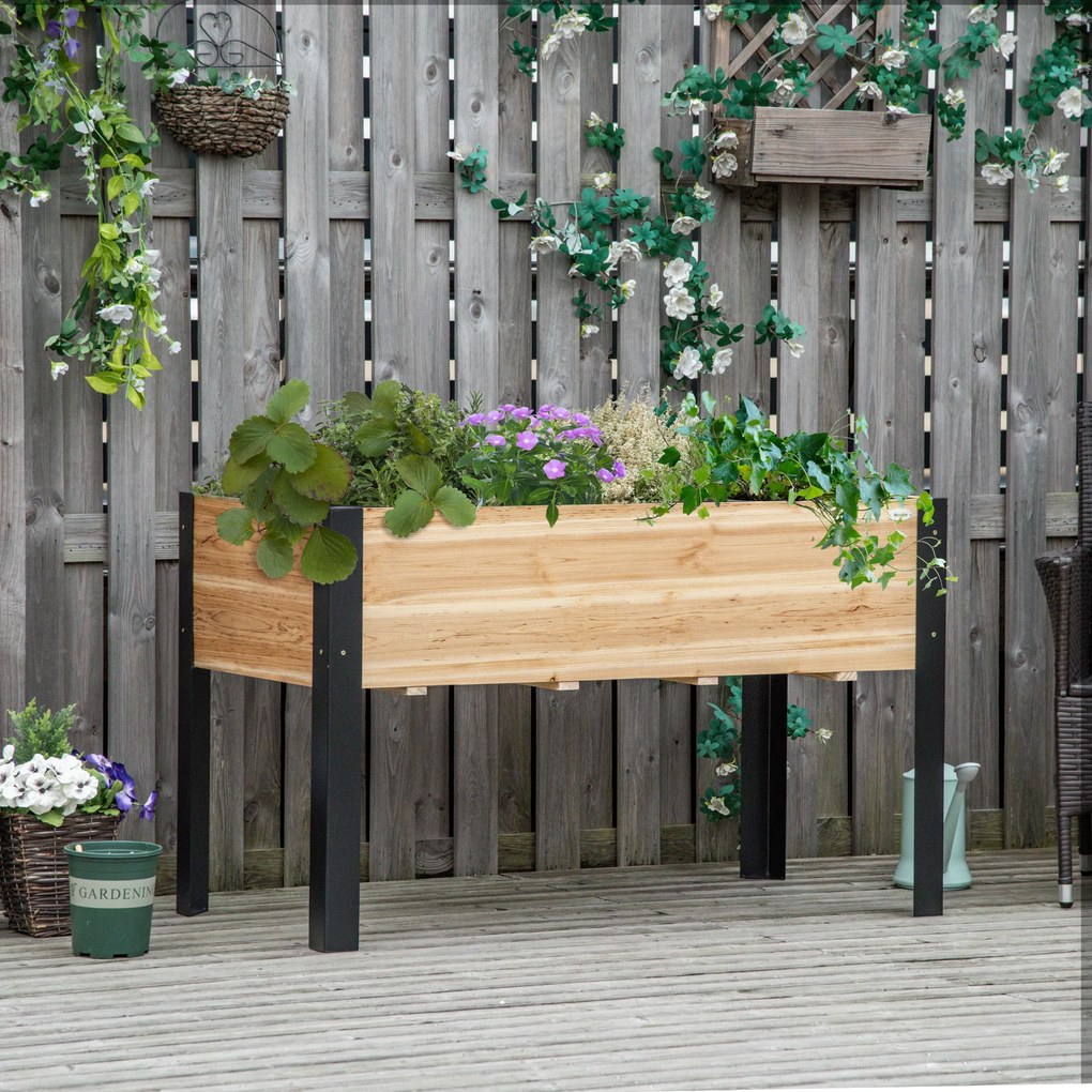 Vyvýšený záhonový truhlík Outsunny z masivního dřeva a oceli 120x60x74cm v přírodní a černé barvě pro zahradu a balkon | Aosom.de