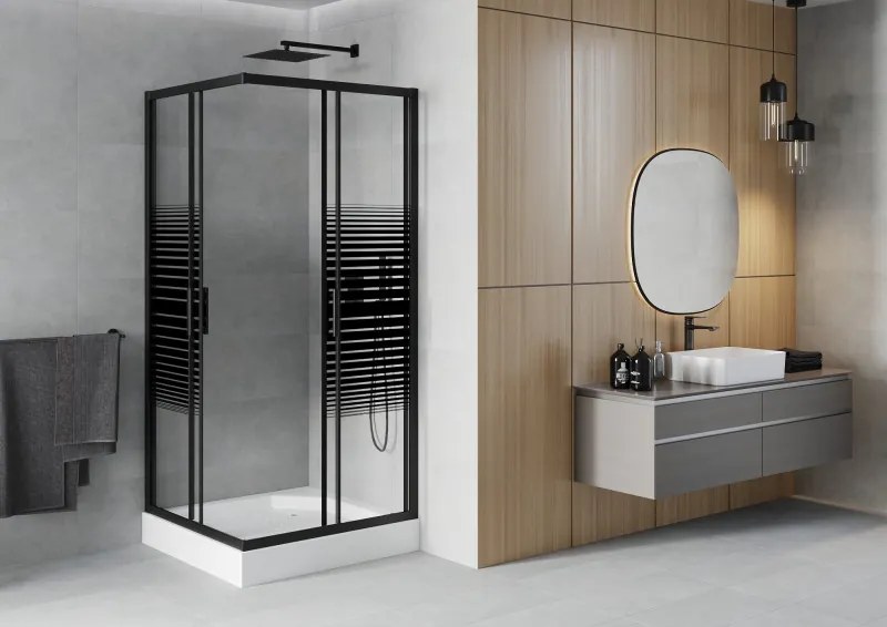 Mexen Rio, čtvercový sprchový kout 90(dveře)x90(dveře)x190 cm, 5mm čiré sklo-vzor pásky, černý profil + bílá sprchová vanička RIO, 860-090-090-70-20-4510