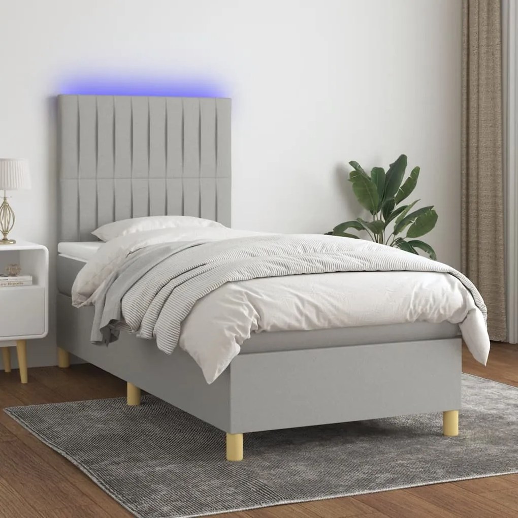 Box spring postel s matrací a LED světle šedá 100x200 cm textil 3135573