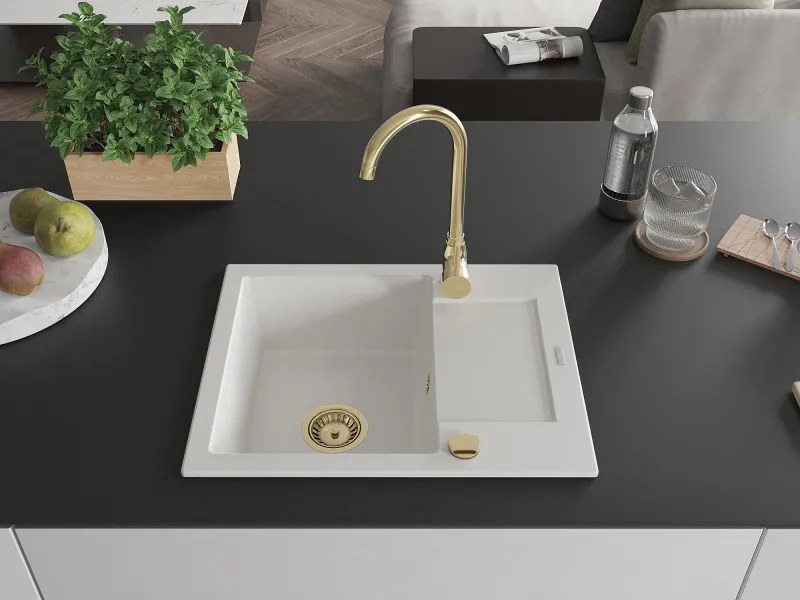 Mexen Enzo, granitový dřez 576x465x174 mm, 1-komorový, bílá se zlatým sifonem, 6506571005-20-G