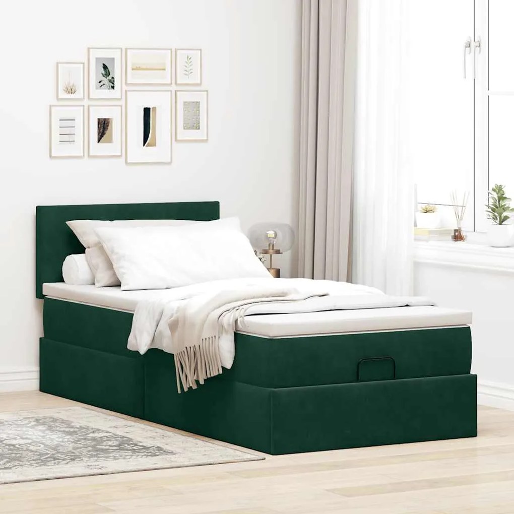 Osmanská postel s matrací &amp; LED tmavě zelená 80x200cm samet 3312515
