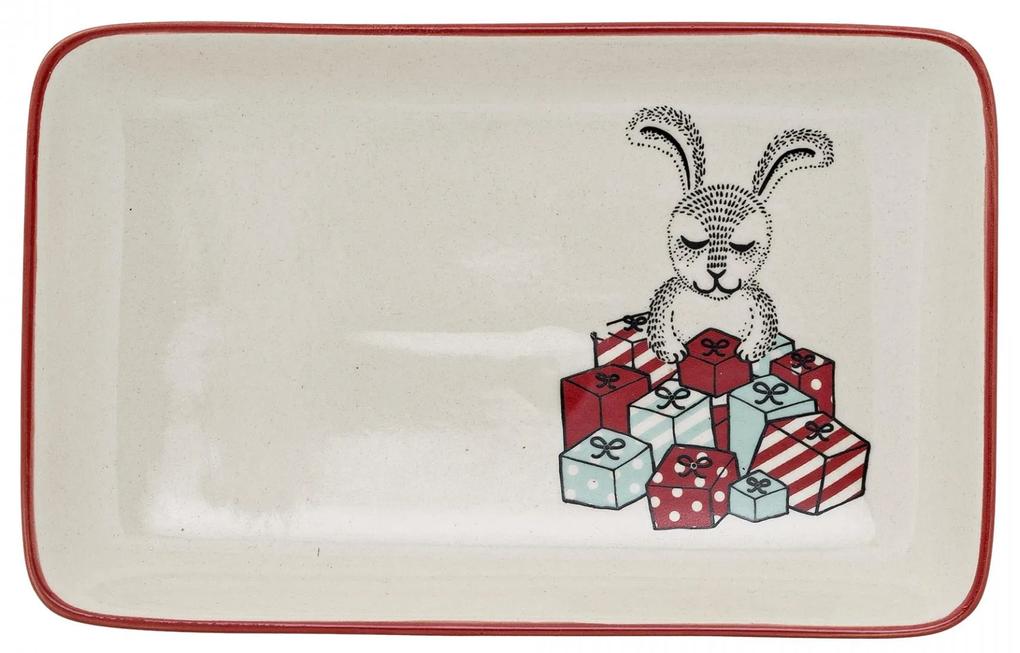 Bloomingville Keramický talířek Christmas Rabbit, červená barva, zelená barva, keramika