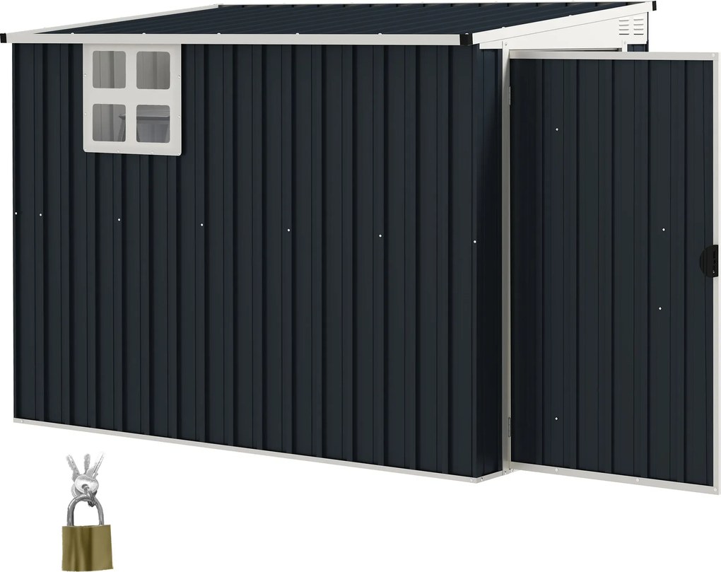 Outsunny Kovová Kůlna na Nářadí 2.7m² 128x231x181cm Se Šikmou Střechou, Okno, Zámek, Voděodolná Exteriérová Kůlna pro Zahradní Prostor Tmavě Šedá | Ao