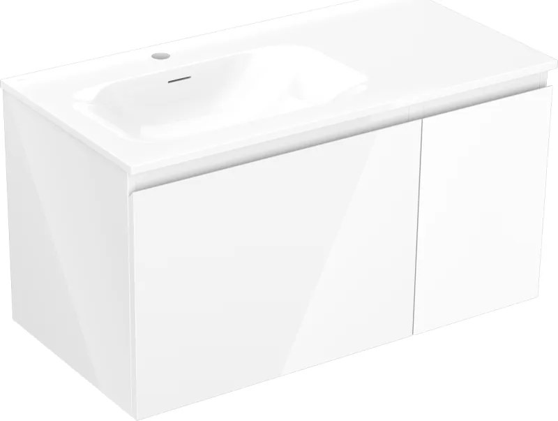Mexen Orio, koupelnová skříňka 90 cm s umyvadlem Vela levá, 1S, 1D, bílá lesklá, 91A13-09047-3-BBFF00-W23L00