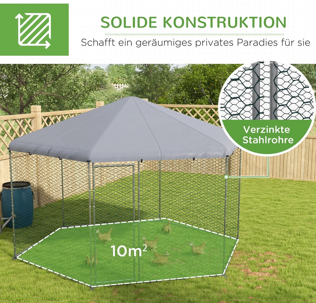 PawHut kurník 400 x 346 x 263 cm ocelový výběh pro volný chov, klec pro kuřata s krytem, dvířka, výběh pro 10-15 kuřat, malá zvířata, šedá | Aosom