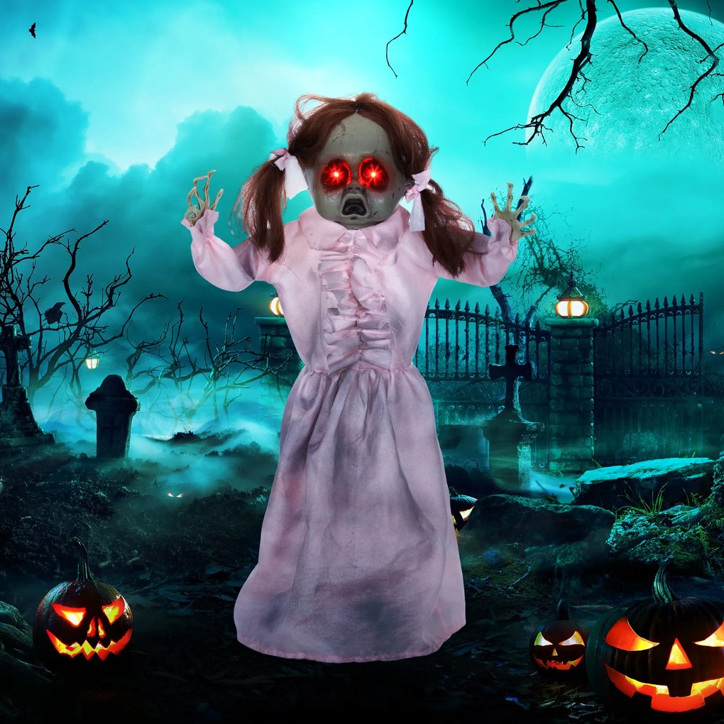 HOMCOM Hororová panenka, halloweenská dekorace, aktivována zvukem/ dotykem, červené oči, zvuk, 76 cm