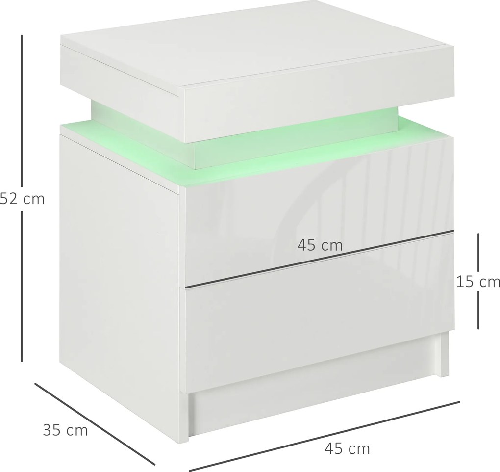 HOMCOM noční stolek s RGB LED světlem, vysokolesklá deska se 2 šuplíky pro obývací pokoj nebo ložnici, bílá