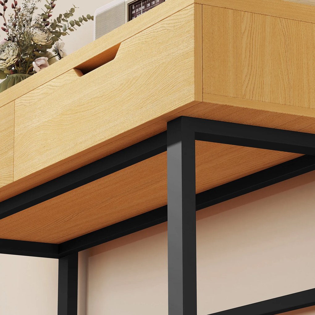 HOMCOM Úzký konzolový stolek se 2 zásuvkami, průmyslový kovový rám, přírodní – 110 × 35 × 76,5 cm