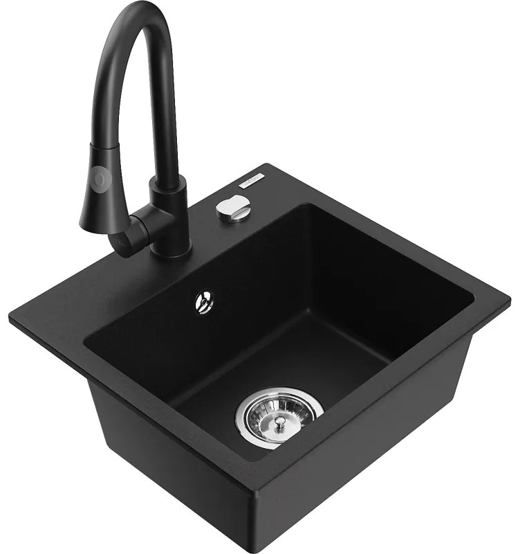 Mexen Milo, 1-komorový granitový dřez 435x410x171 mm a dřezová baterie Elia, černá, 6505-77-670101-70