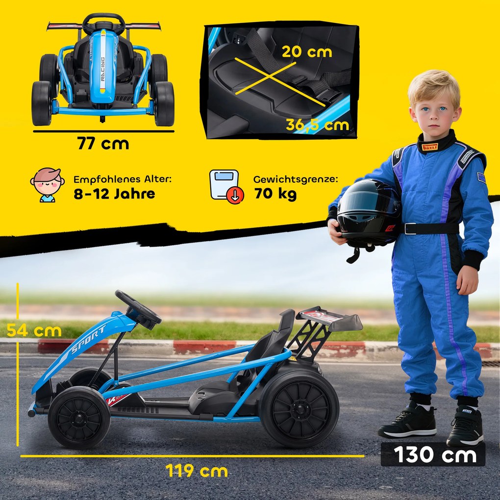 AIYAPLAY 24V elektrické Go-Kart k jízdě a driftování, nylonové pneumatiky, bezpečnostní pás, klakson, hudba pro děti 8-12 let, modré