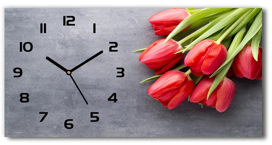 Wallmuralia Skleněné hodiny na stěnu Červené tulipány 60x30 cm