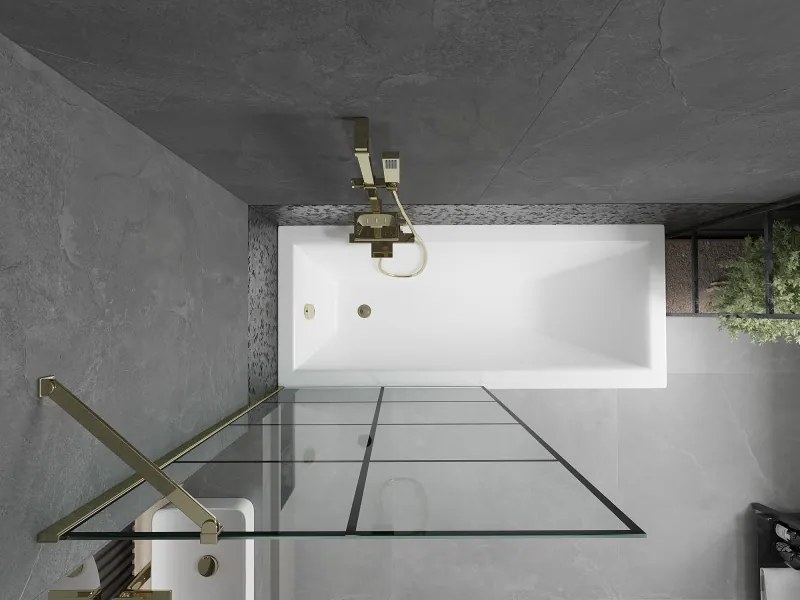 Mexen Next, vanová zástěna 1-křídlová 90 x 150 cm, fixní křídlo, 6 mm čiré sklo s černým vzorem, zlatý profil, 895-090-000-00-77-50