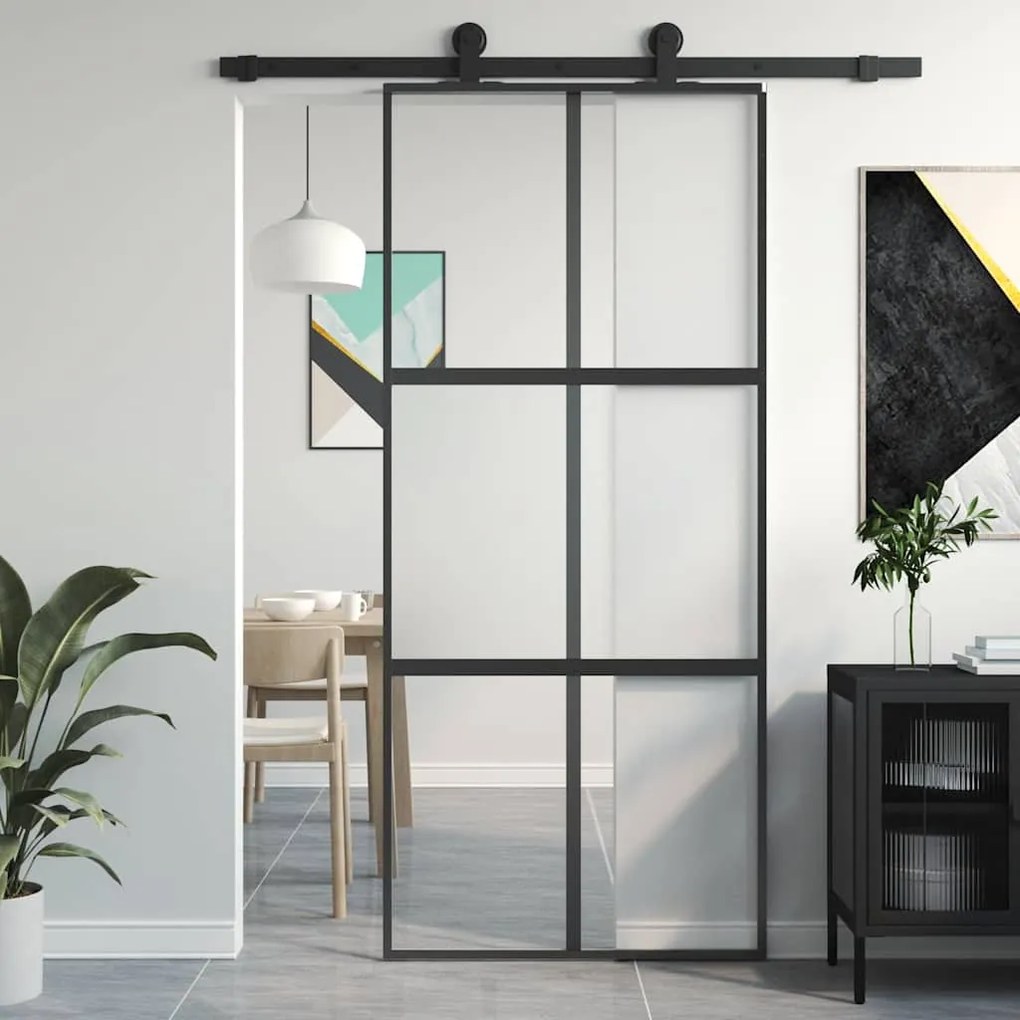 Posuvné dveře černé 90 x 205 cm tvrzené sklo a hliník 155211