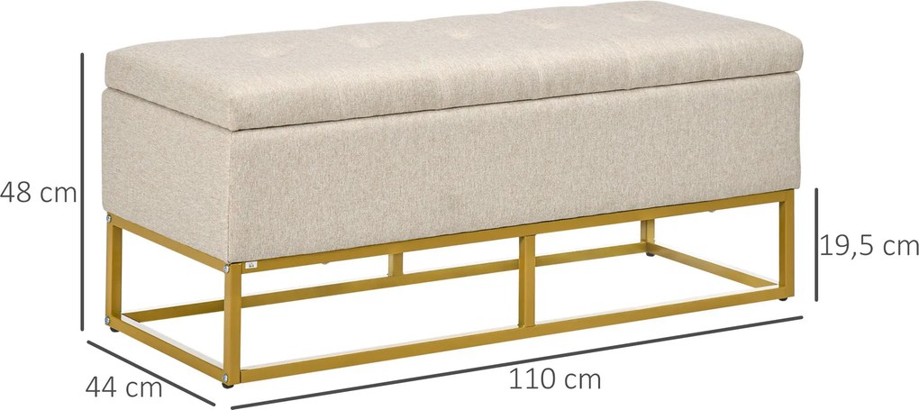 HOMCOM Úložná Ottomanka s čalouněním ze syntetického lnu s odklápěcím víkem a ocelovými nohami do obývacího pokoje 110x44x48 cm Béžová
