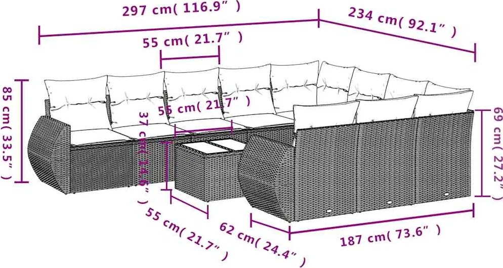 11dílná zahradní sedací souprava s poduškami černá polyratan 3254232