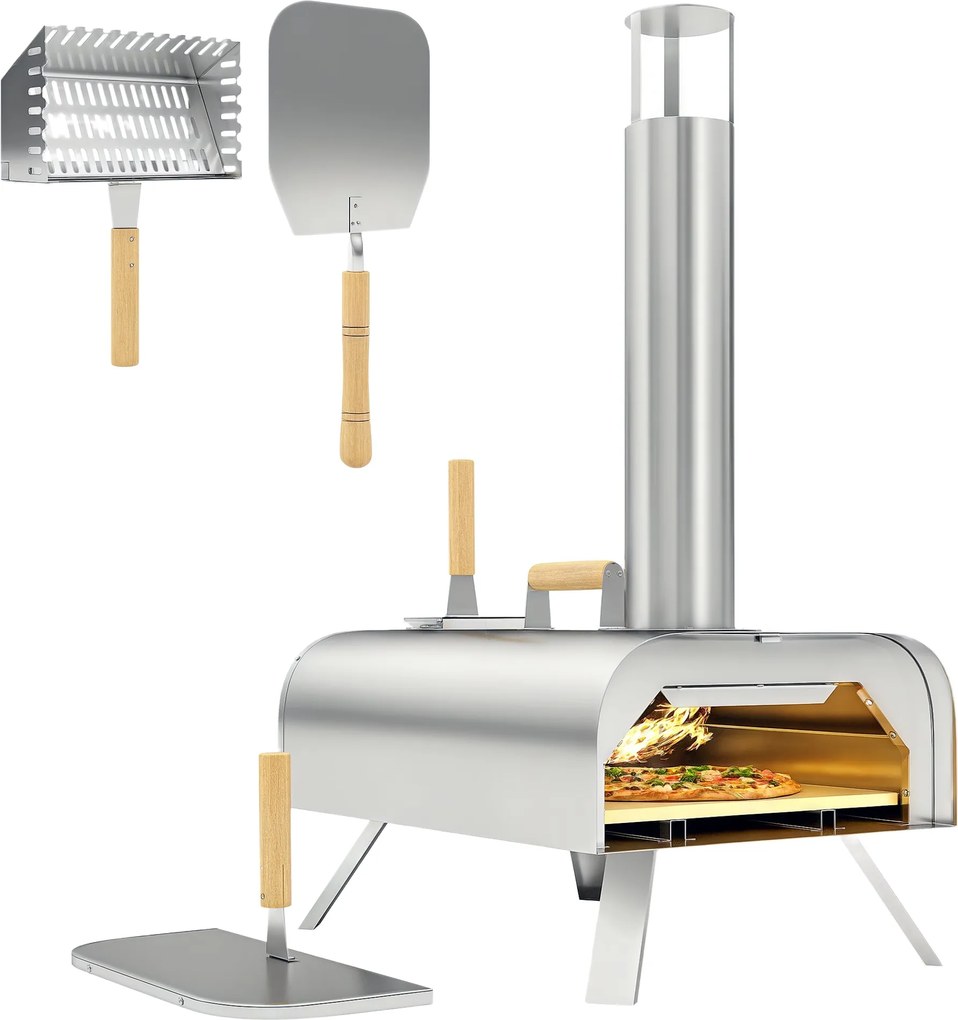Outsunny Zahradní Pizza Trouba na Dřevo z Nerezové Ocele s 1 cm Tlustou Pizza Kamennou, Sklopné Nohy, Pizza Lopata, Poklop, Přenosná Trouba na Dřevo p