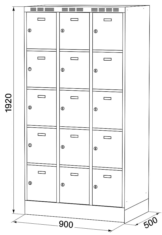 Alfa 3 Šatní skříňka S6 s úložnými boxy na soklu, 15 boxů, 1920 x 900 x 500 mm, otočný zámek, tmavě šedé dveře