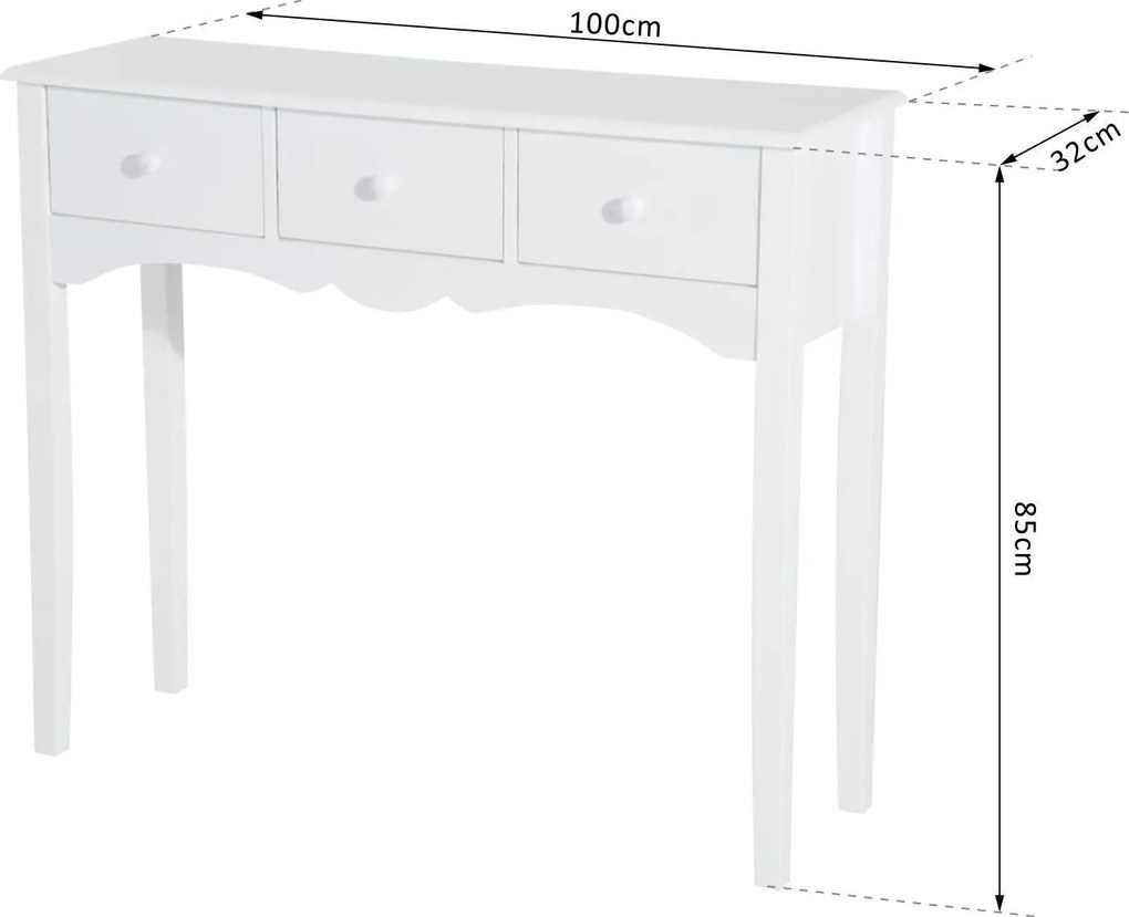 HOMCOM Dřevěný Konferenční Stůl do Předsíně se 3 Šuplíky pro Obývací Pokoj a Chodbu, Nosnost 45 kg, 100x32x85 cm, Bílý