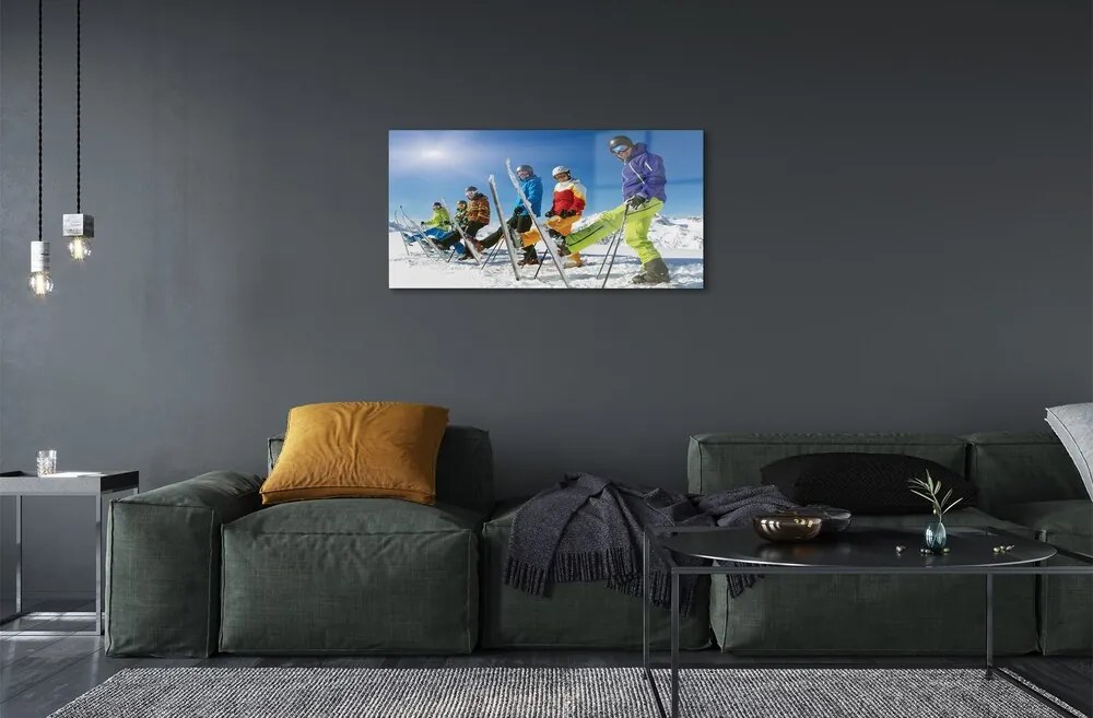 Obraz na skle Lyžaři zimní hory 100x50 cm