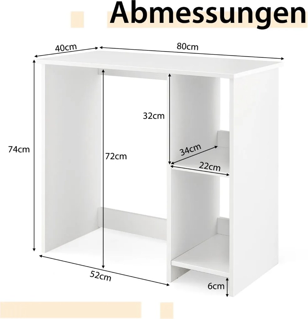 Costway Malý psací stůl s 2 přihrádkami – 80 × 40 × 74 cm, bílý