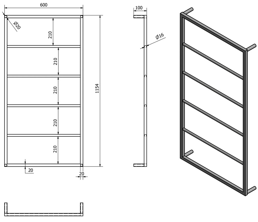 Sapho SKA nástěnný sušák ručníků 600x1150x100mm, černá mat, SKA502