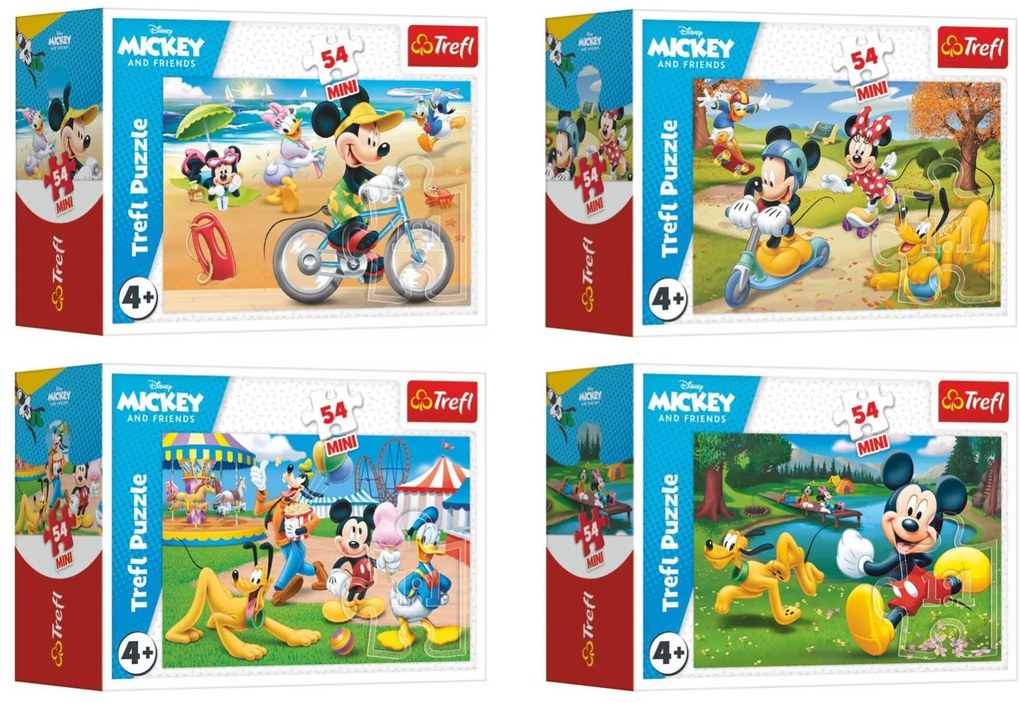 Trefl Minipuzzle 54 dílků Mickey Mouse Disney/ Den s přáteli 4 druhy v krabičce 9x6,5x4cm 40ks v boxu
