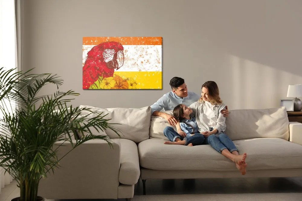 Obraz Papoušek Papoušek S Květinami V Retro Stylu Nedostatek Nedostatek Plátno Canvas 90x60