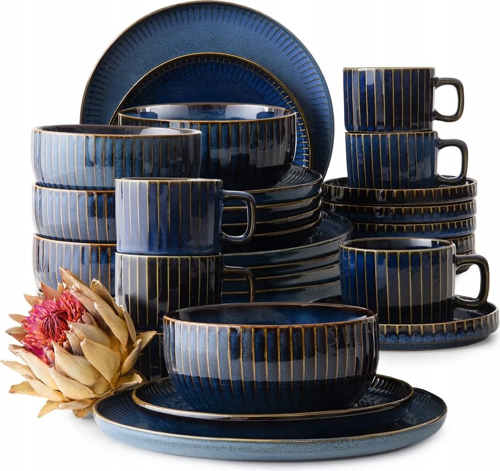 Obědový A Kávový Set Pro 6 Osob 30 Ks Porcelán Deep Blue Reactive Konsimo