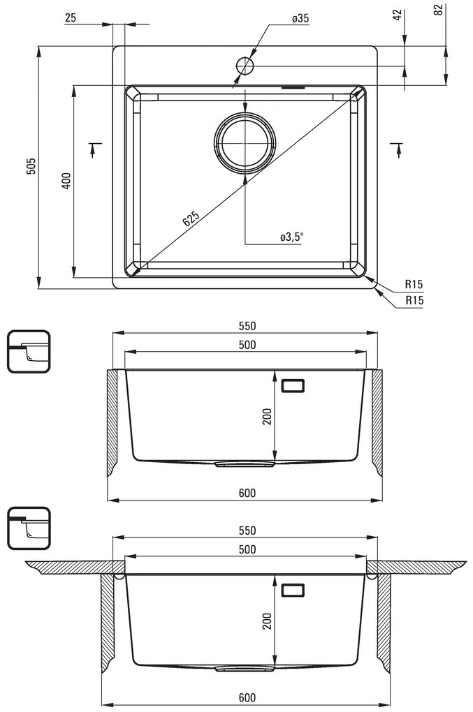 Deante Olfato, nerezový dřez pod desku 1-komorový B/O 550x505x200 3,5" + prostorově úsporný sifon, broušený vzor satyna, ZPO_010B