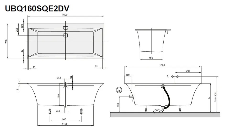 VILLEROY & BOCH Villeroy Boch Square EDGE 12 Duo: Vana 1600x750 mm, Quaryl, včetně nohou (samolepicí), odpadu a přepadu, bílá Alpin UBQ160SQE2DV-01