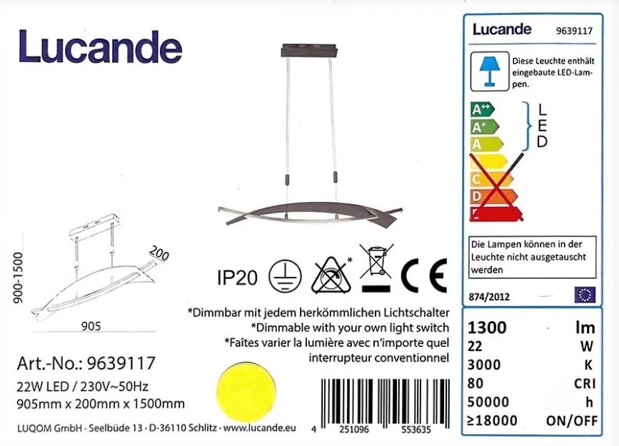 Lucande - LED Stmívatelný lustr na lanku MARIJA LED/22W/230V 4251096553635