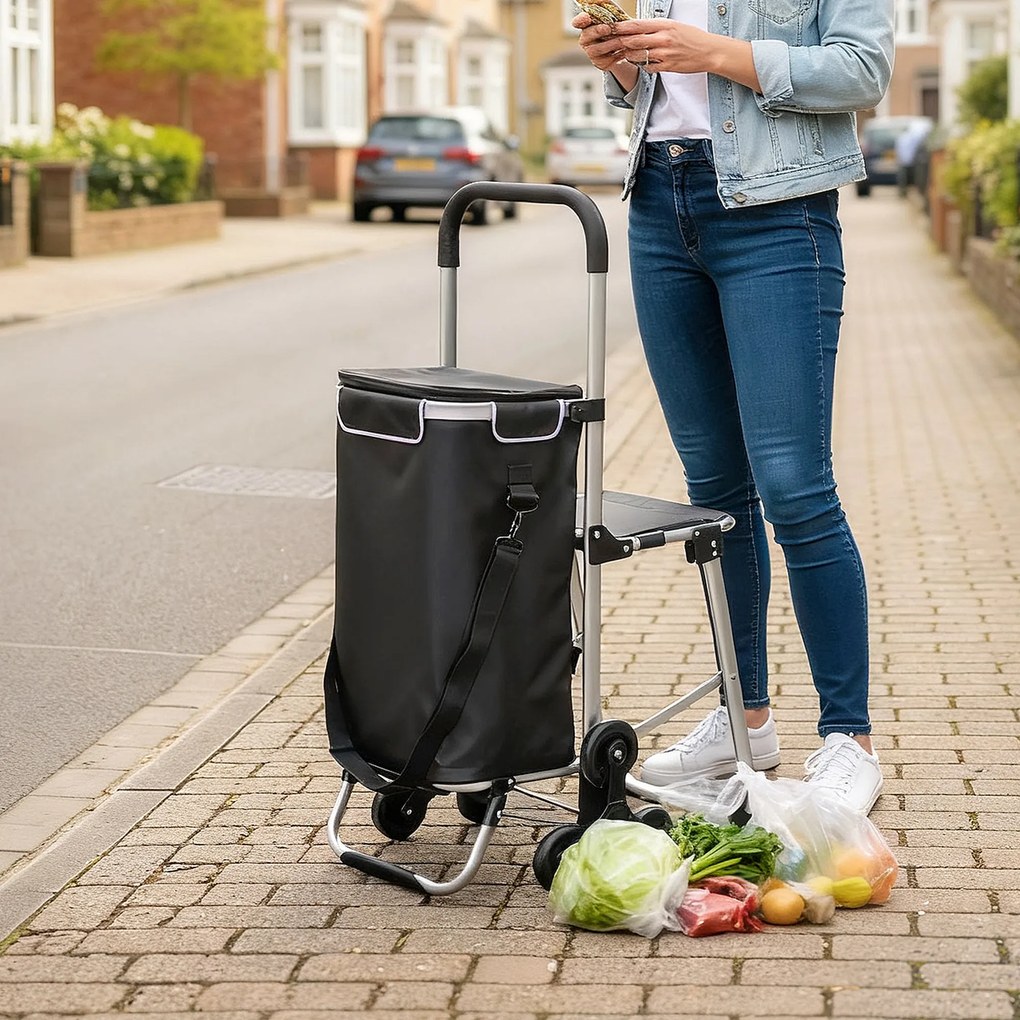 HOMCOM Nákupní vozík, 40 l Oxford taška, 3-kolové provedení, hliníkový rám, sedadlo, Šedá