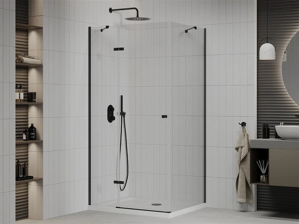 Mexen Roma, sprchový kout s 1-křídlými dveřmi 120 (dveře) x 80 (stěna) cm, 6mm čiré sklo, černý profil, slim sprchová vanička 5cm bílá s černým sifonem, 854-120-080-70-00-4010B