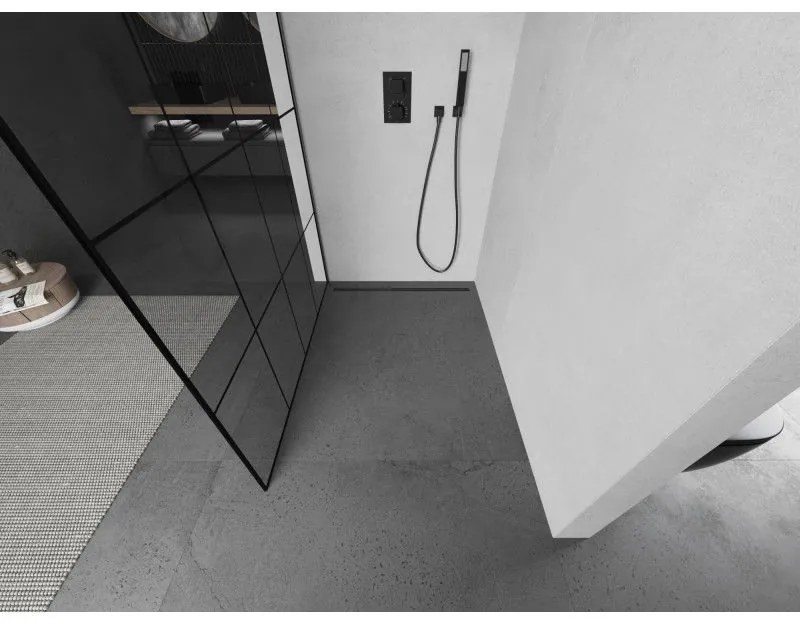 Mexen Kioto, sprchová zástěna Walk-In 140 x 200 cm, 8mm čiré sklo černý vzor, ​​grafitový profil, 800-140-101-66-77