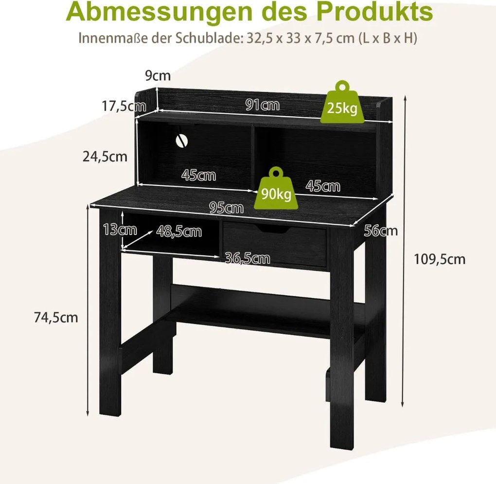 Costway Stůl se zásuvkami Malý s nástavcem – 95 × 56 × 109,5 cm, černý