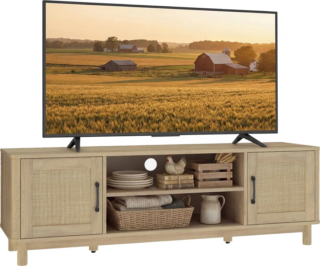 HOMCOM TV nábytek 135 cm, TV nábytek pro televize až do 165,1 cm s 2 ratanovými dveřmi, 2 otevřenými přihrádkami, dub