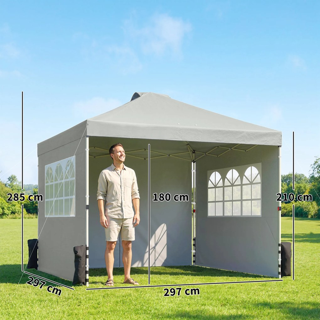 Pavilon cca 3x3 m Voděodolný Výškově nastavitelný skládací pavilon se 3 bočními stěnami Větrání oknem, UV 50+ Světle šedý