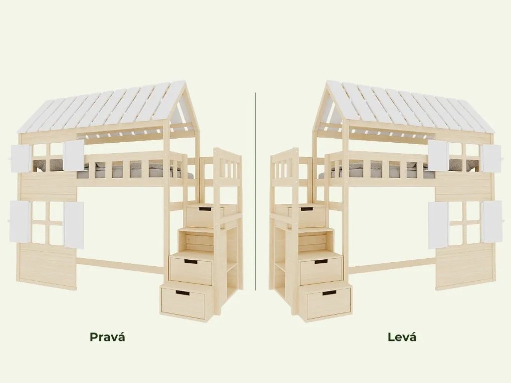 Benlemi Zvýšená postel CHALOUPKA s úložnými schody 90x200 cm Zvolte barvu: Nelakovaná, Zvolte stranu: Vpravo