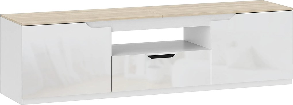 HOMCOM TV nízká komoda, vysoký lesk, pro televizi až 65'', 3 přihrádky, zásuvka, 160 x 38 x 43 cm, přírodní dřevo