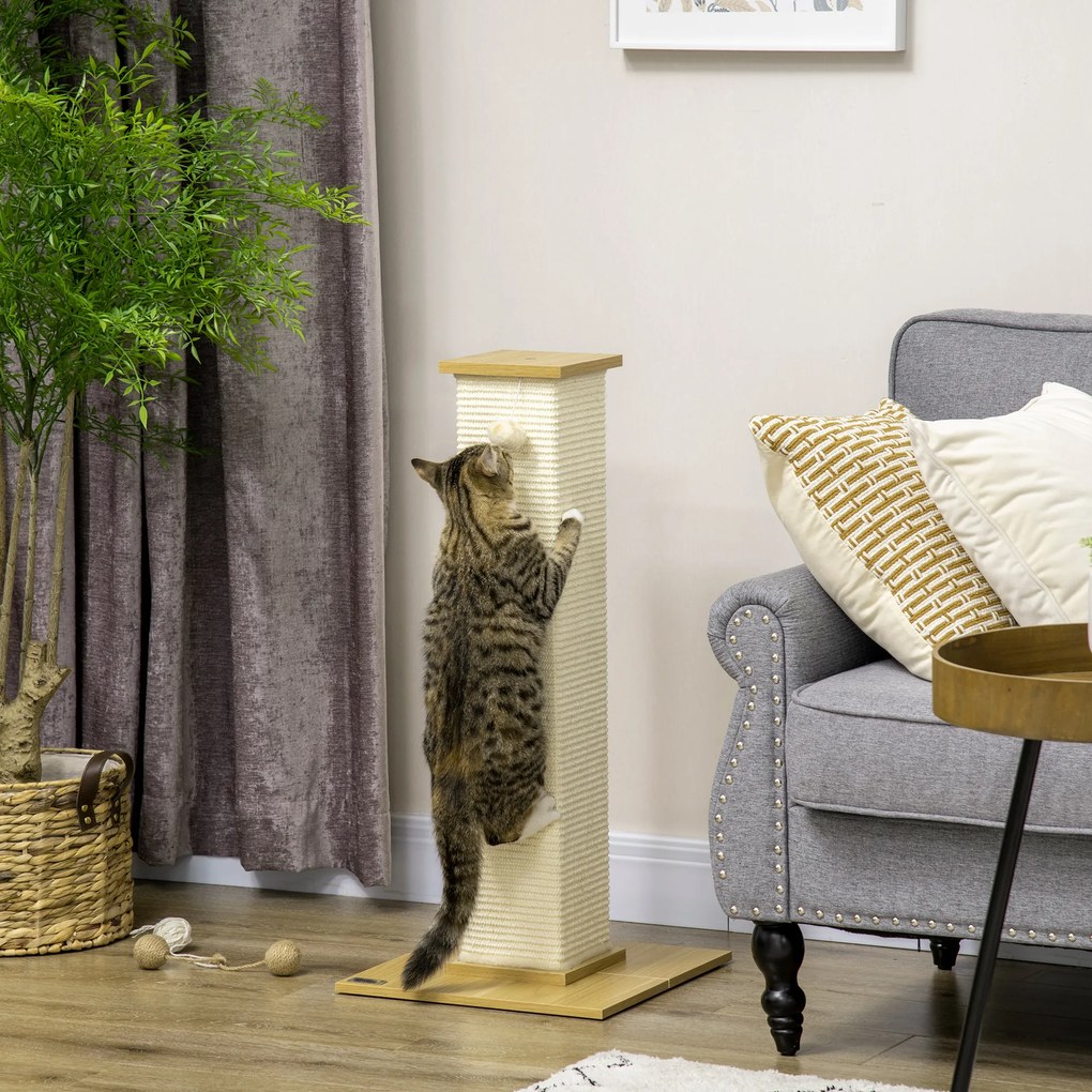 PawHut škrabadlo pro kočky 38L x 38W x 80H cm stabilní a bezpečné se škrabací deskou hracími míčky ze sisalu dub krémově bílý úspora místa