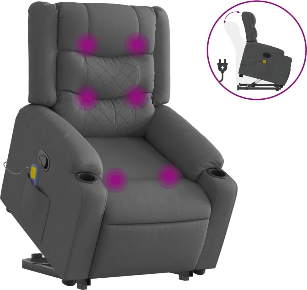 Zvedací masážní polohovací křeslo tmavě šedé textil 3206577