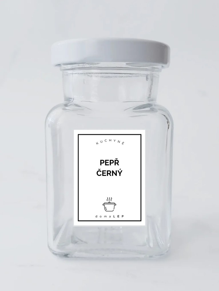 Samolepka na kořenky PEPŘ ČERNÝ bílá 3 × 4 cm tučné písmo