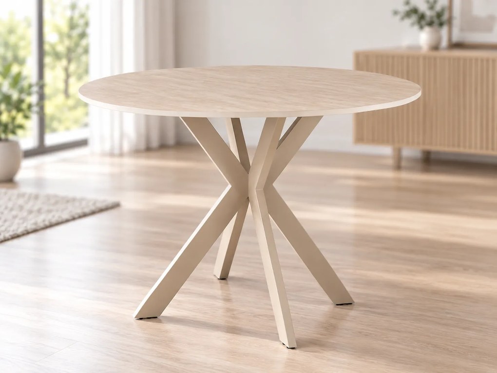 Kulatý jídelní stůl TALIA 90 cm s keramickou travertinovou deskou, béžový