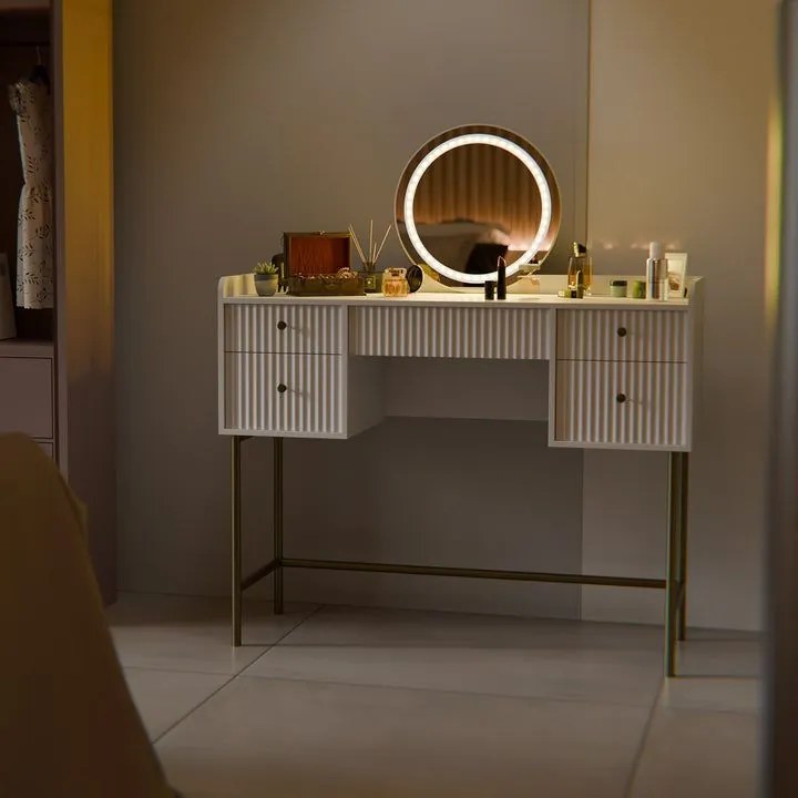 Toaletní stolek s LED zrcadlem, 5 zásuvek, bílý/zlatý
