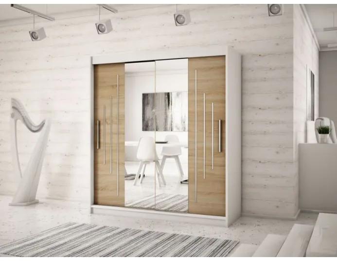 Krásná šatní skříň se zrcadlem a posuvnými dveřmi Kati 150 v barvě bílá - dub sonoma