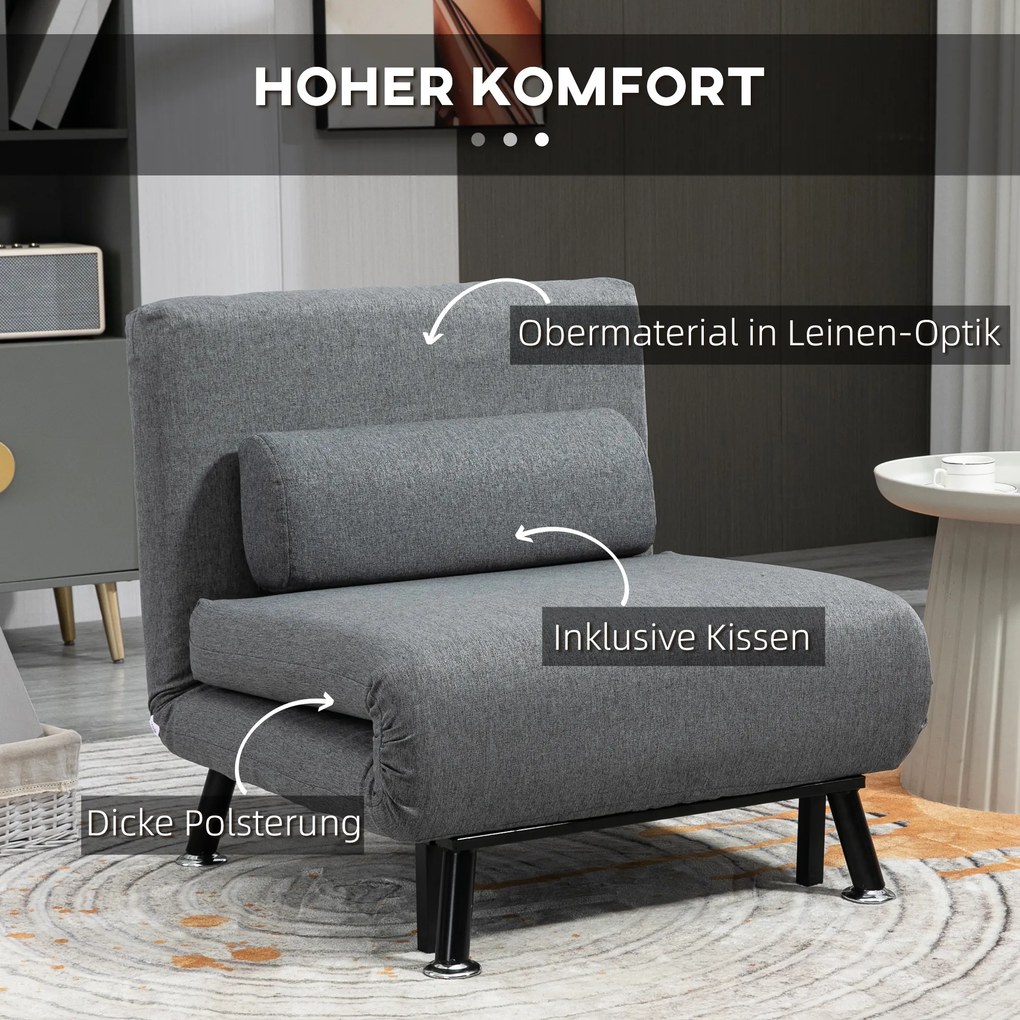 HOMCOM Skládací křeslo s funkcí lůžka, polohovatelné opěradlo, tmavě šedé